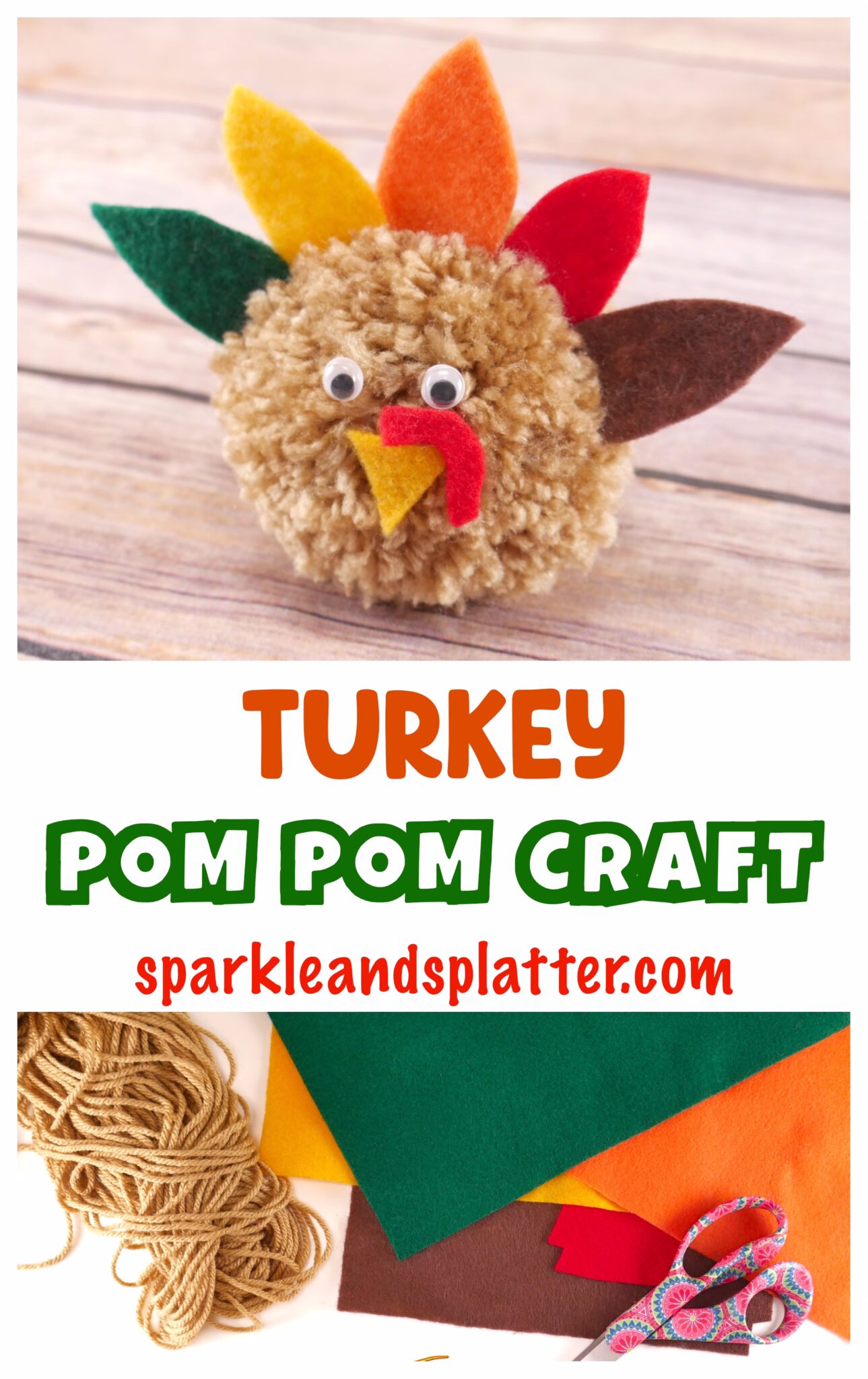 Turkey Pom Pom Craft, Tutorial + Video - sparkleandsplatter.com